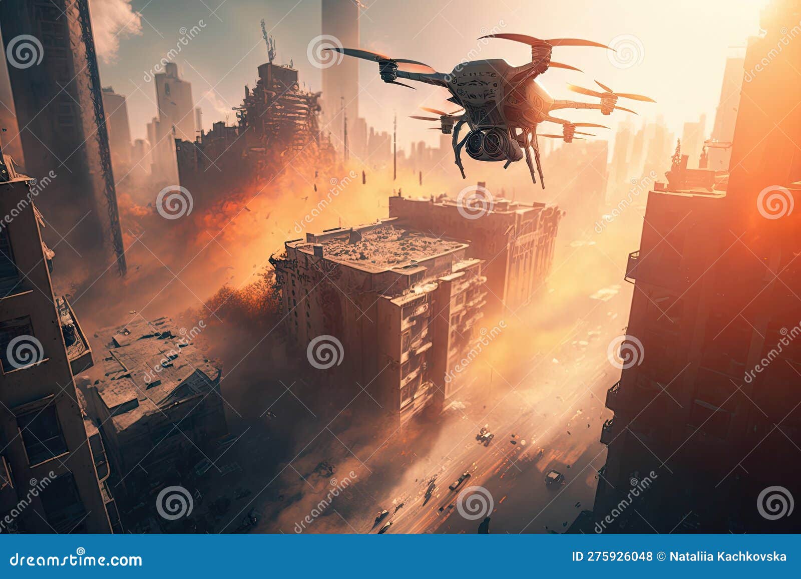 Drone Flying Under Destroyed City Stock Illustration - Illustration of ...