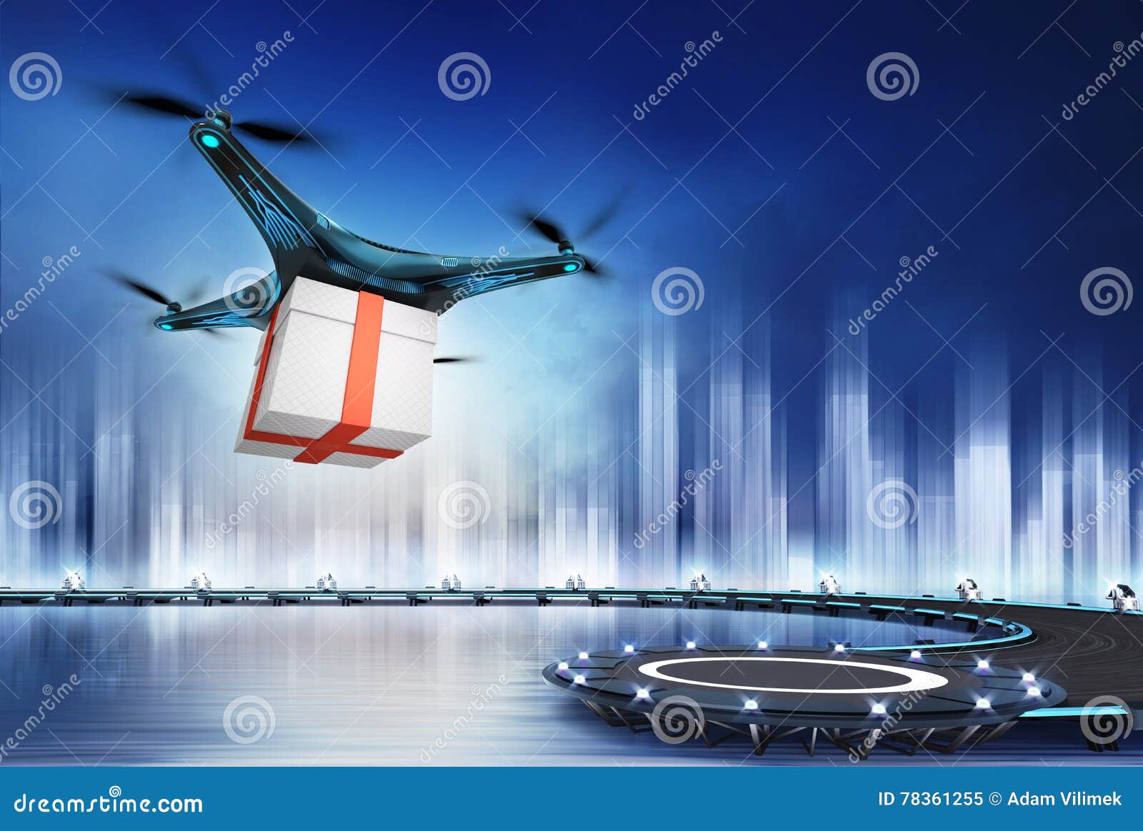 Drone with Gift Box at Flight Over Heliport Stock Illustration ...