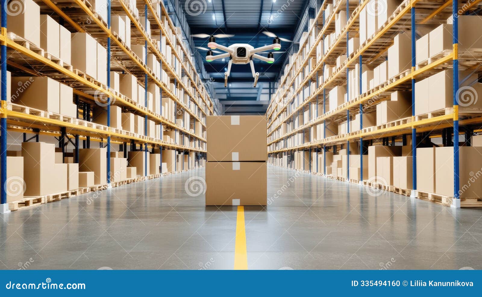 A Drone Glides Above Rows of High Shelves Stacked with Boxes in a ...