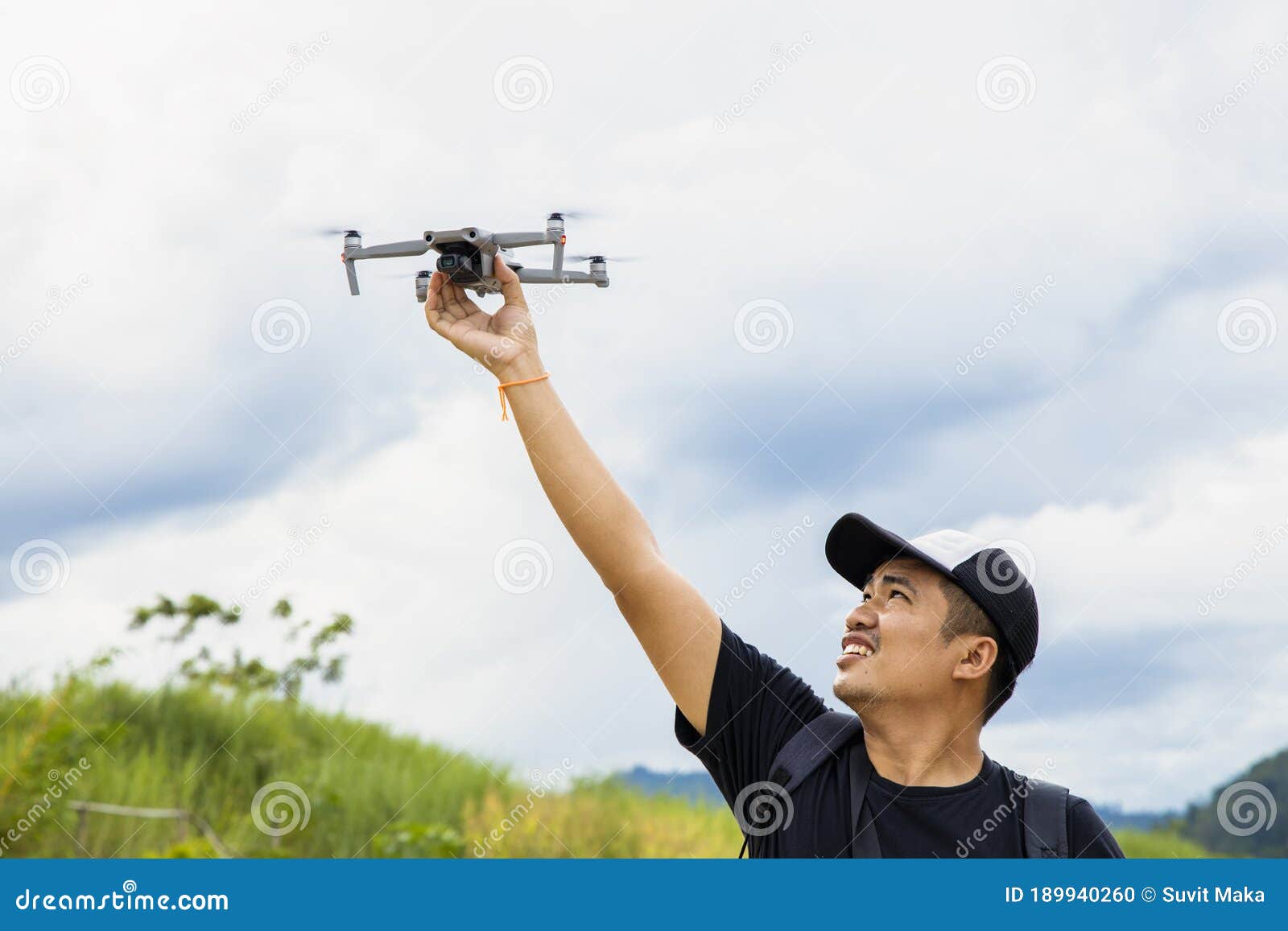 Drone with High Resolution Digital Camera on the River and Sky Stock ...