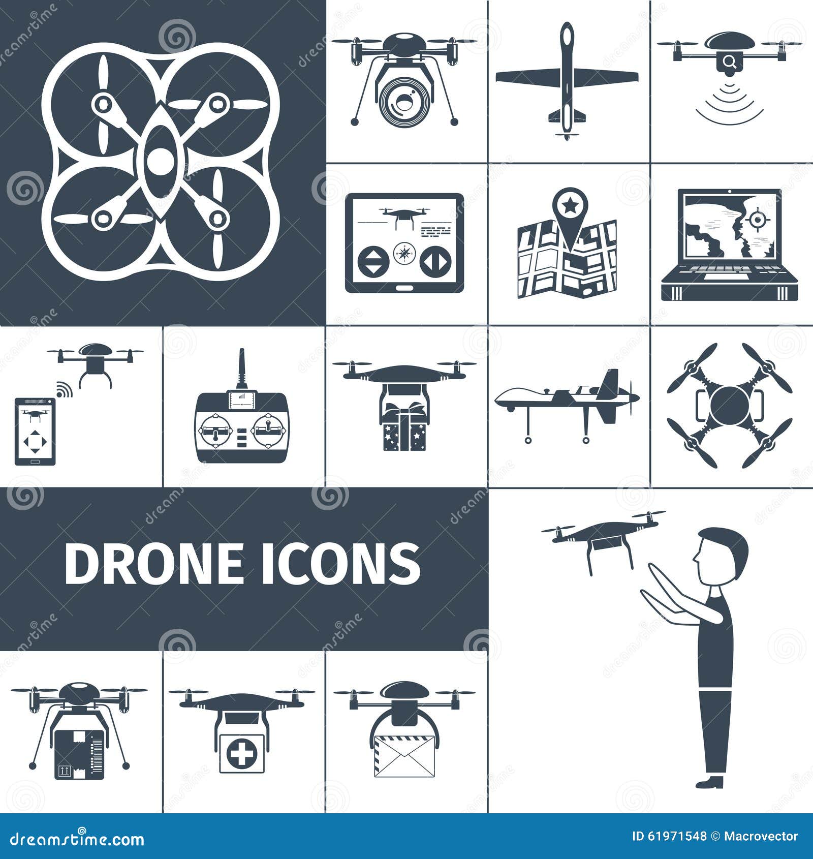 Drone Icons Black stock vector. Illustration of aviation - 61971548