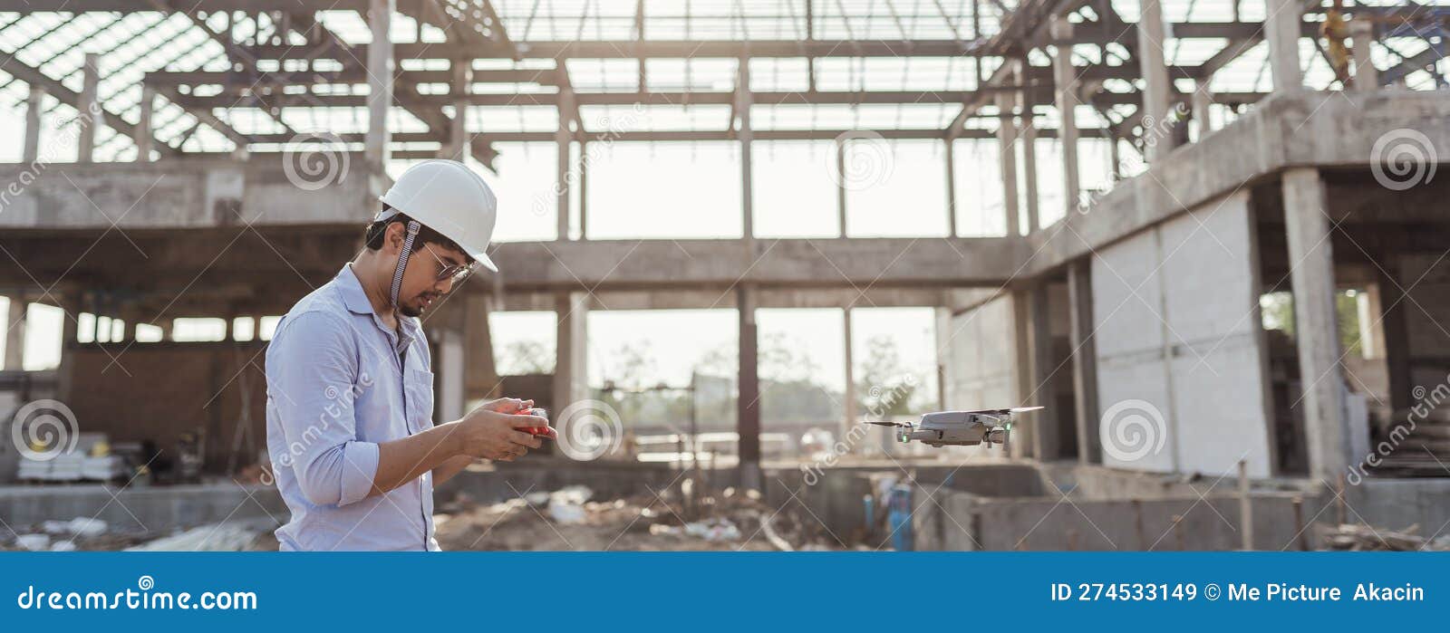 Drone Inspecting Construction Building Architect Operating Drone For Aerial View Survey