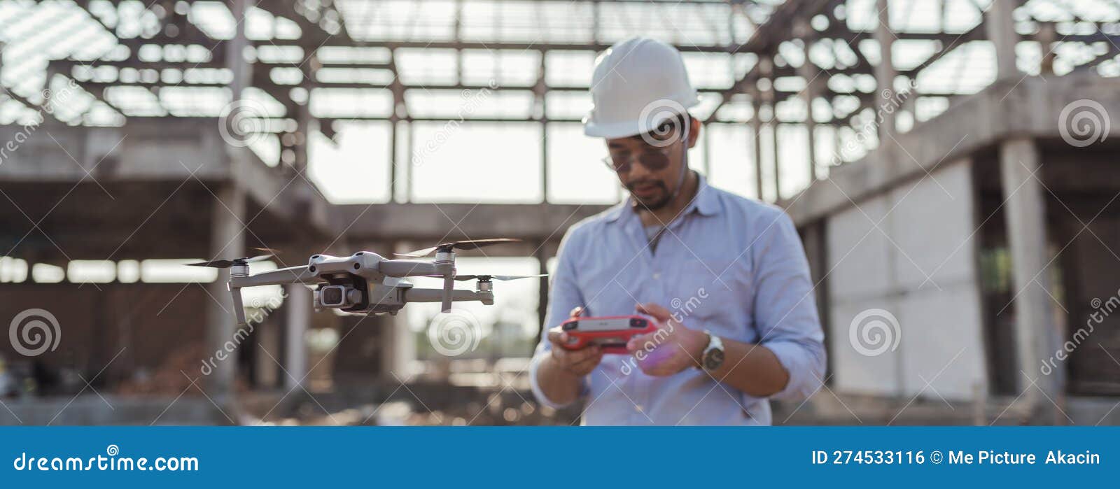 Drone Inspecting Construction Building. Architect Operating Drone for ...