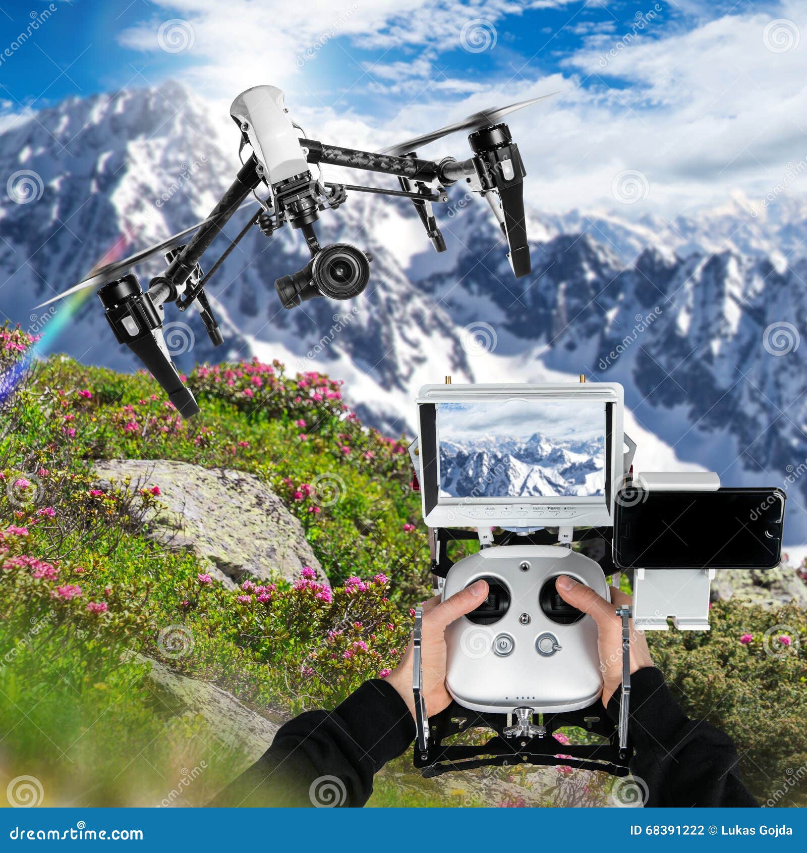 Drone with 4K Camera Flying. Stock Photo - Image of quadcopter, copter ...