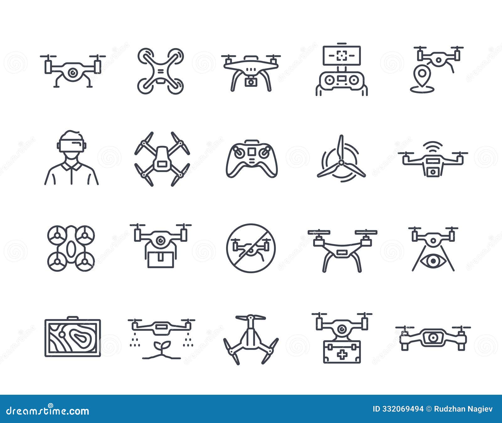 Drone Line Icon Set. Simple Symbols with Wireless Quadcopter and Remote ...