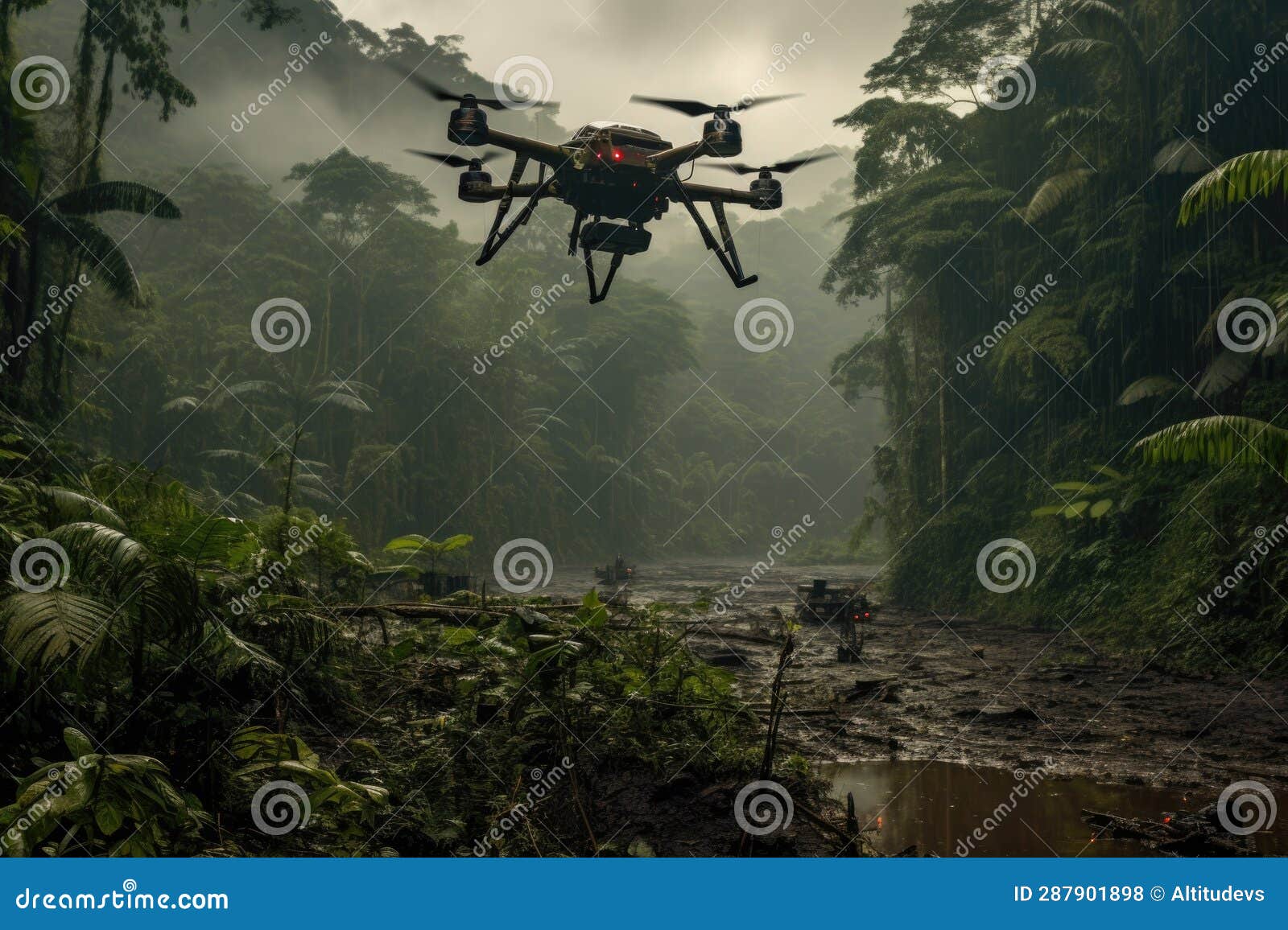 Drone Monitoring Illegal Activities in Rainforest Stock Illustration ...