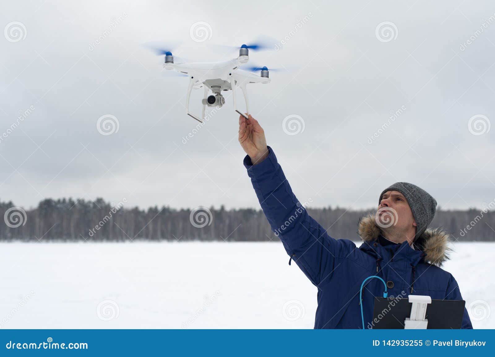 Drone Operator with Remote Control in Winter Landscape Stock Image ...
