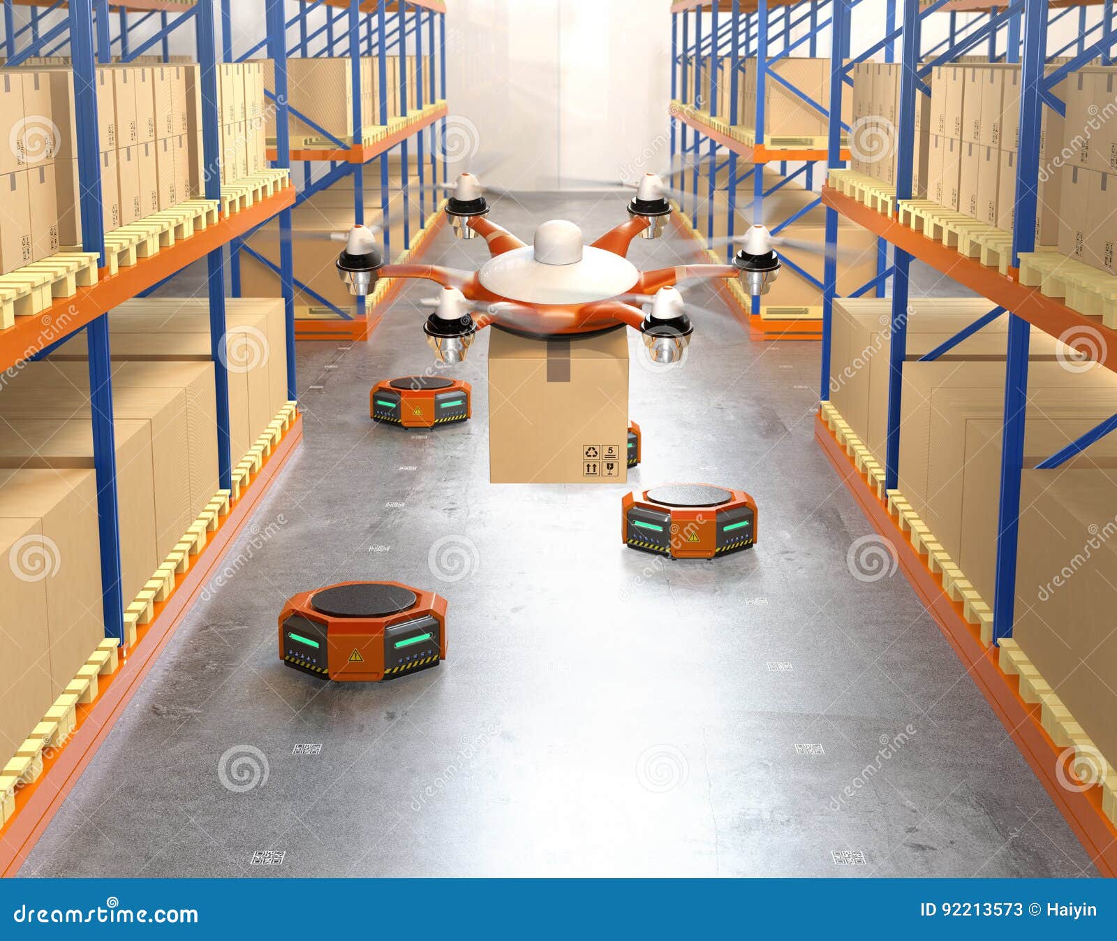 Drone and Orange Robots in Modern Warehouse Stock Illustration ...