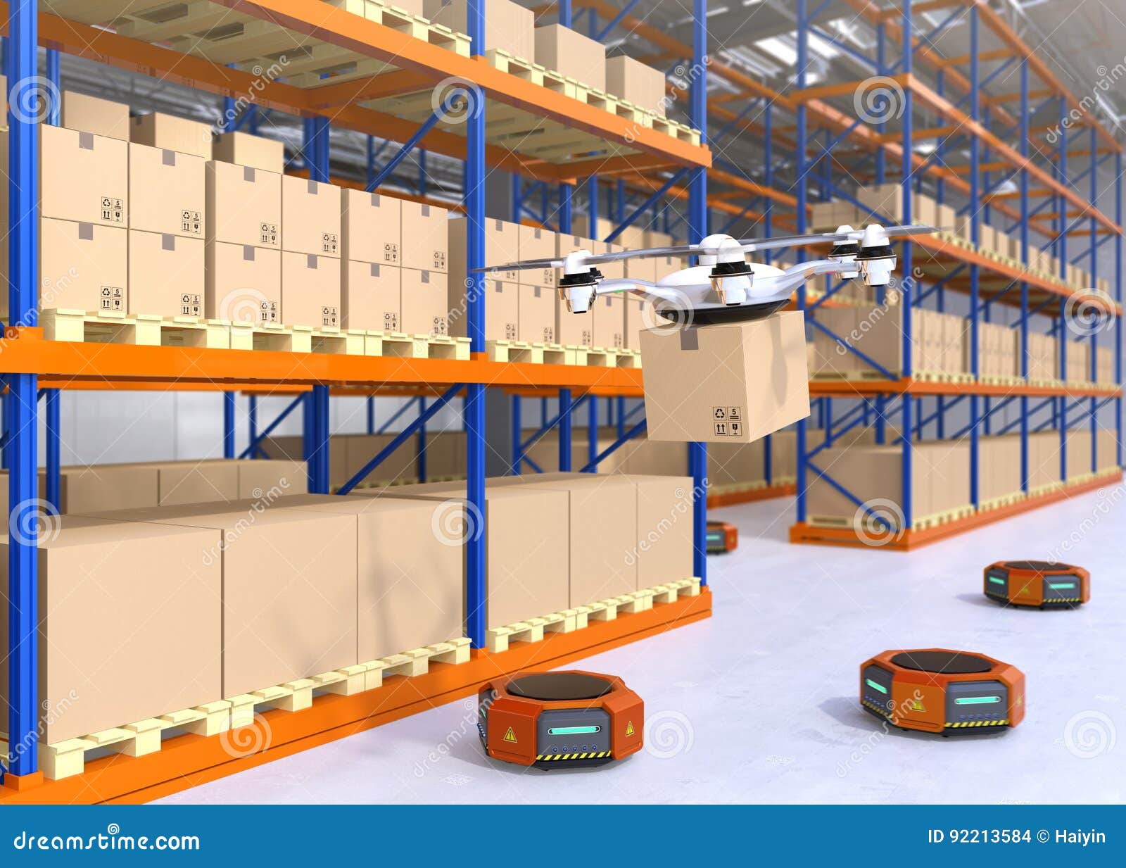 Orange Robots Carrying Pallets With Goods In Modern Warehouse Royalty ...