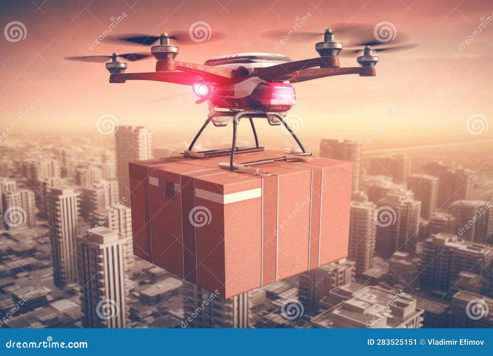 Drone with Packages Flying Over Building, Carrying Box with Delivery ...