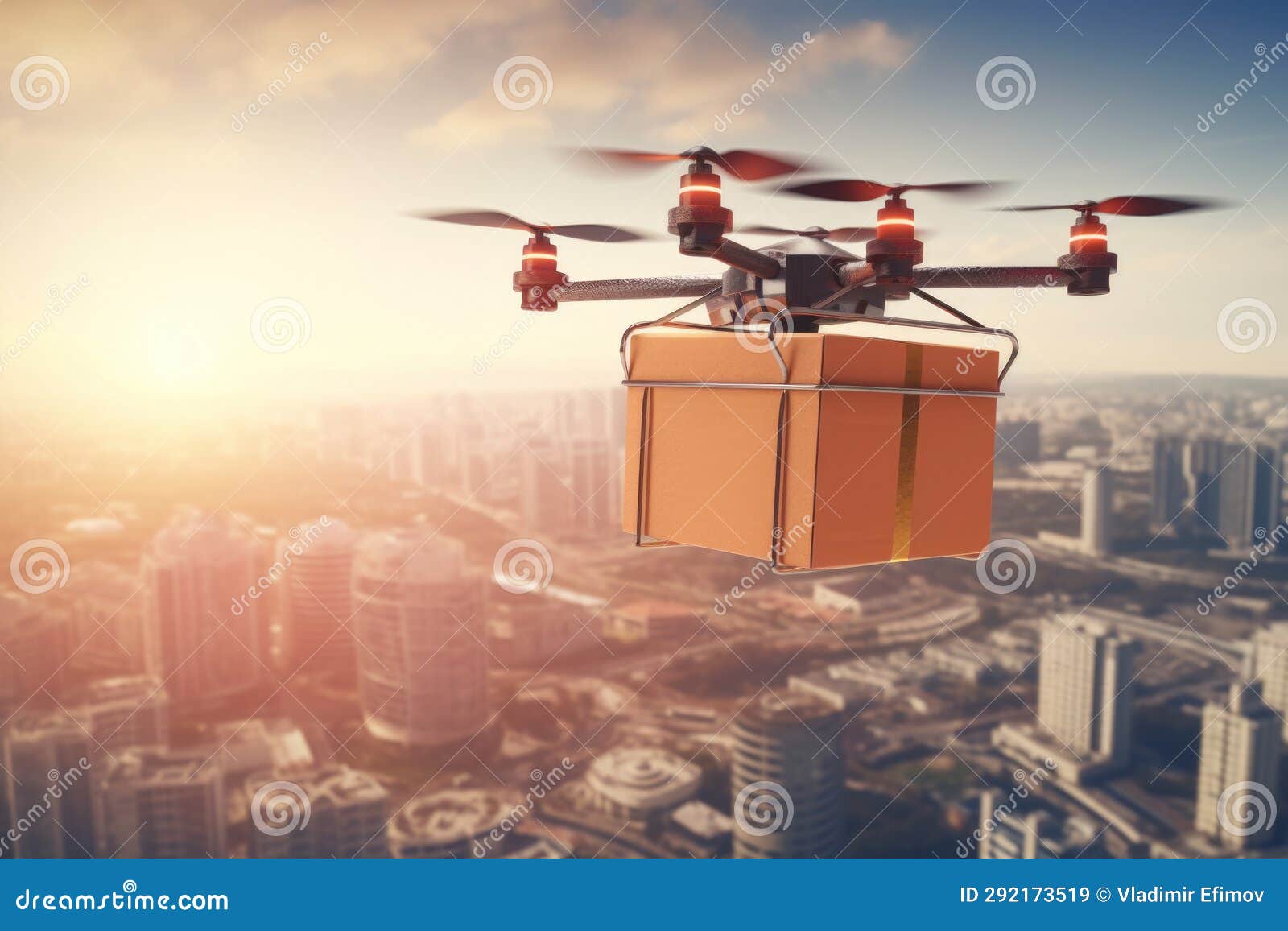 Drone with Packages Flying Over Building, Carrying Box with Delivery ...