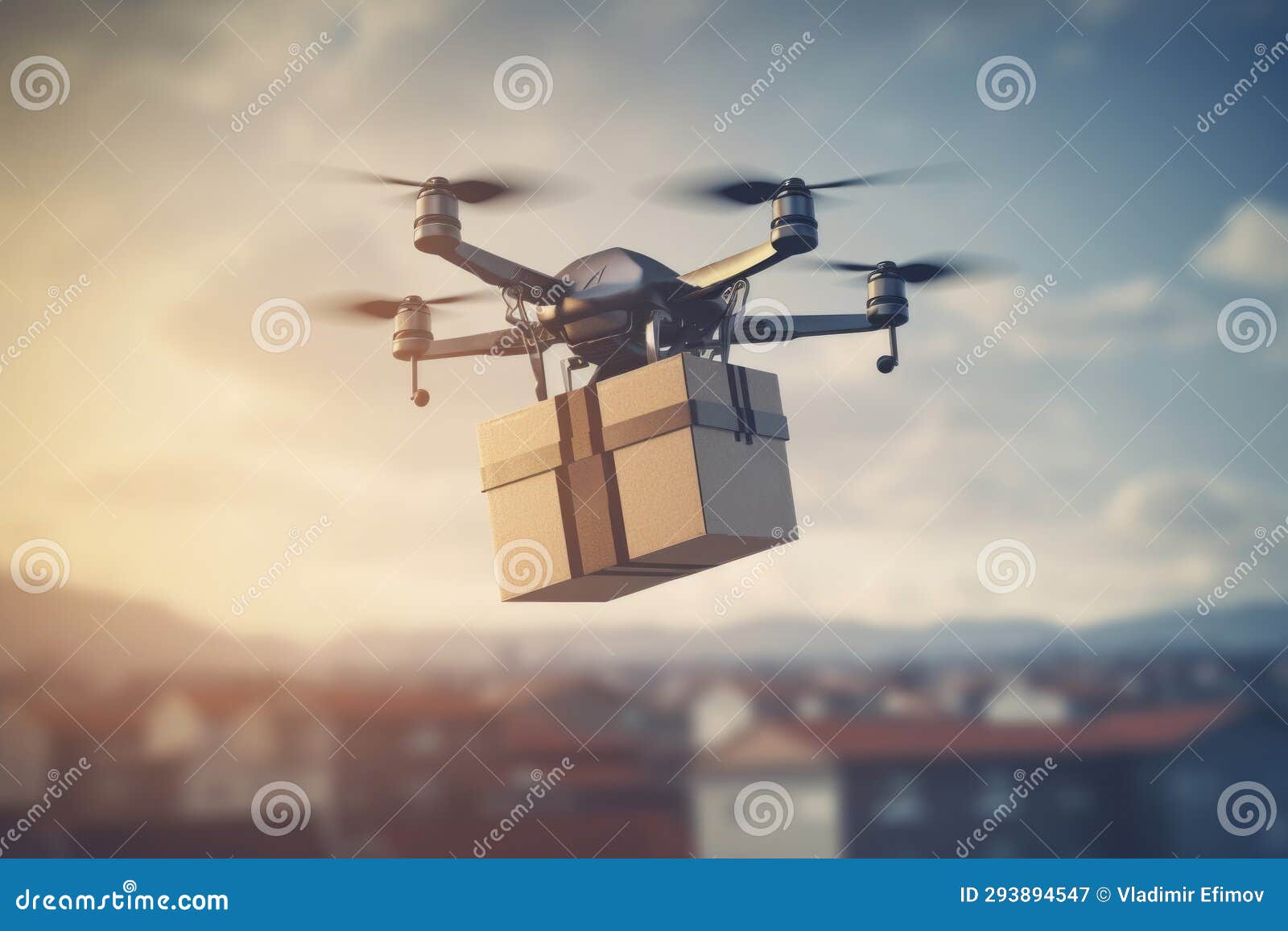 Drone with Packages Flying Over a Building, Carrying a Box with a ...
