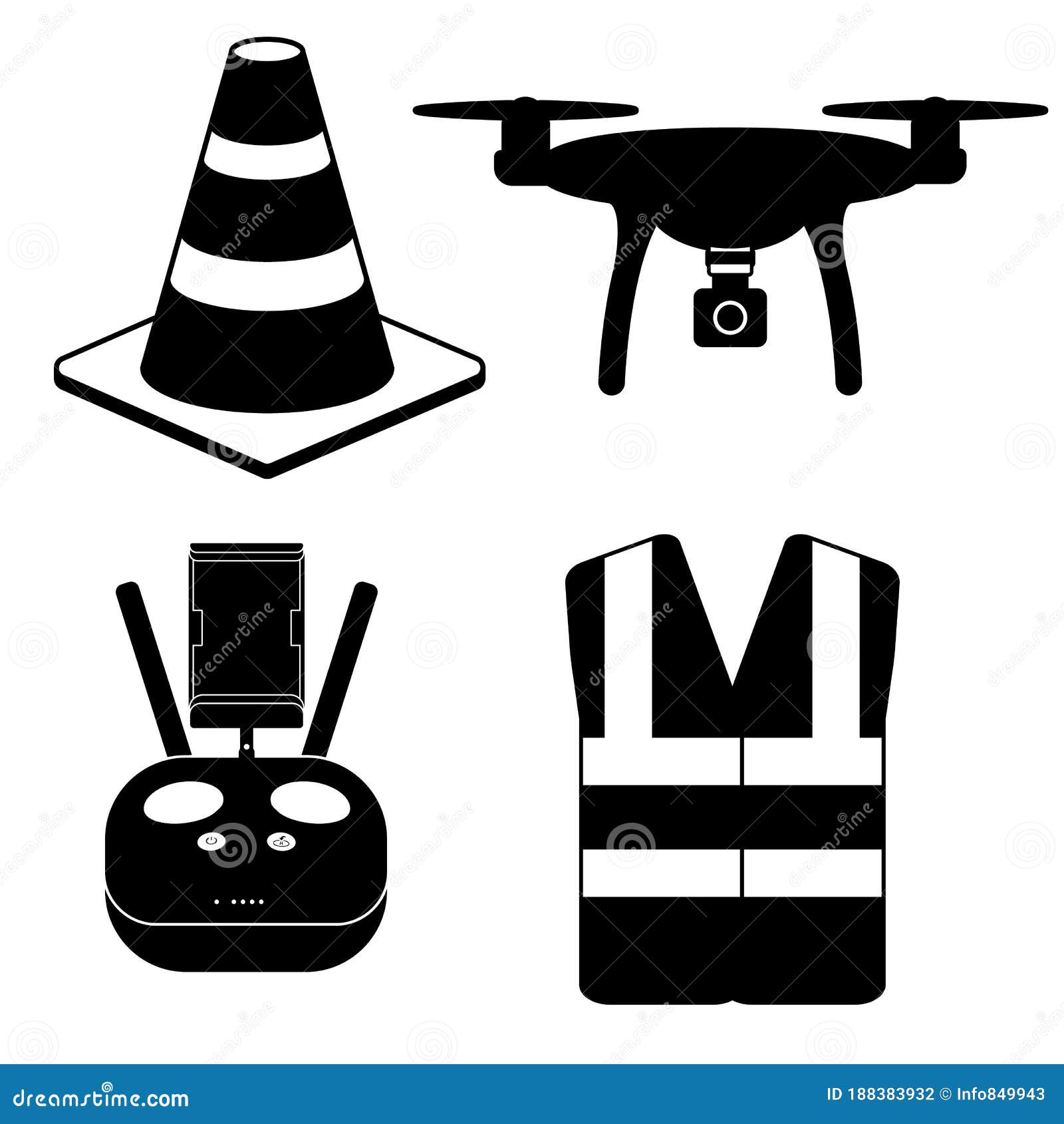 Drone Pilot Kit And Safety Equipment Silhouette Icons Stock Vector