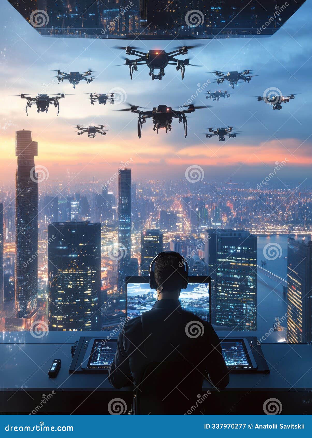 A Drone Pilot Skillfully Manages a Fleet of Futuristic Drones Using a Touchpad in a Cutting-edge ...