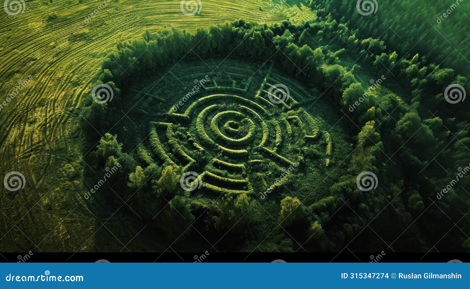 Drone Point of View of Grass Labyrinth on Field. Landscape with ...