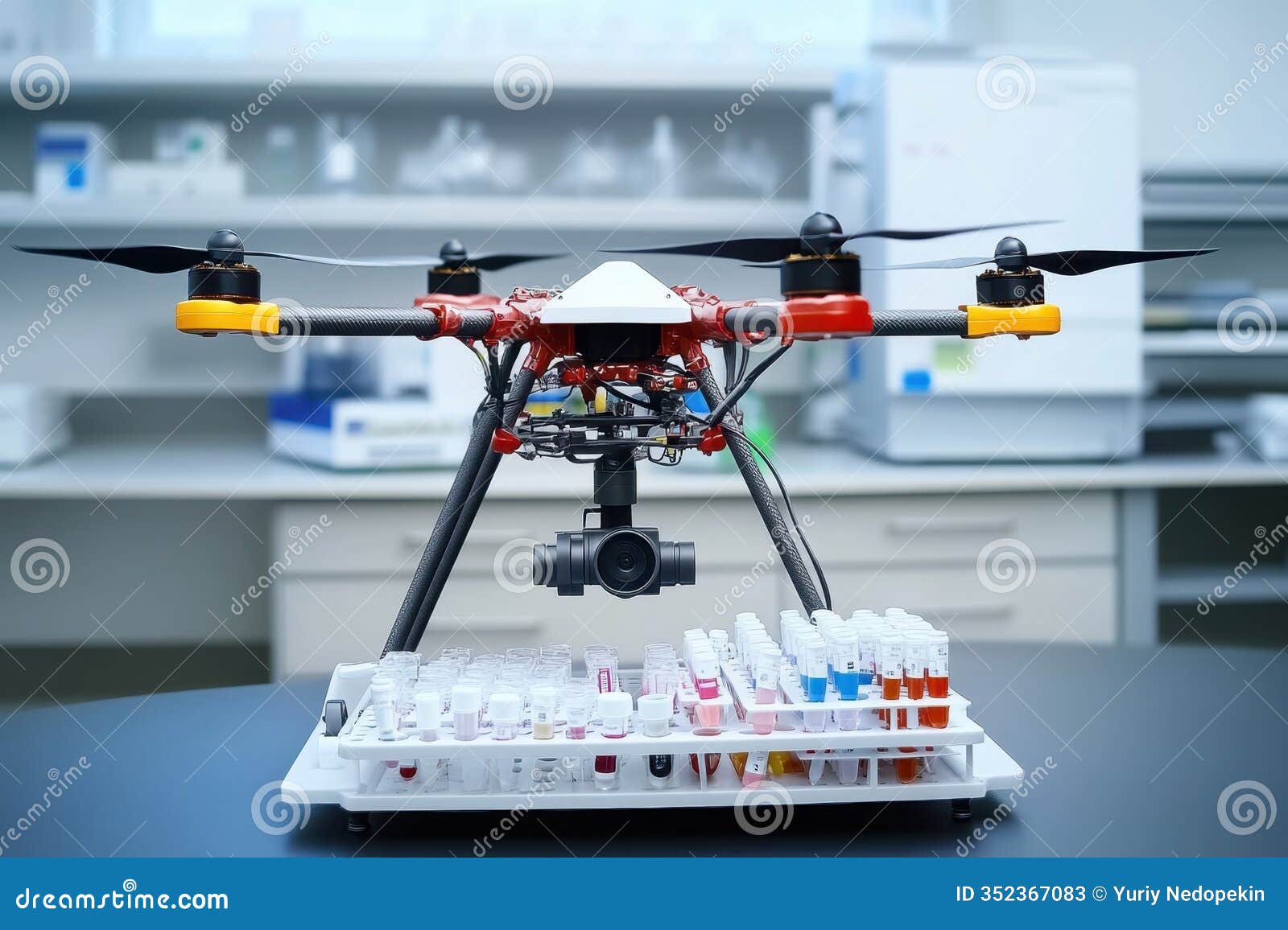 Drone Equipped for Laboratory Research with Sample Vials on Table Stock ...