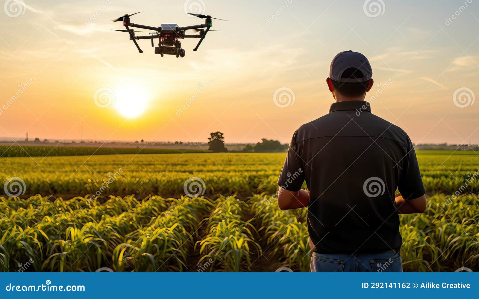Drone Quadcopter Flying Over the Corn Field at Sunset Stock ...