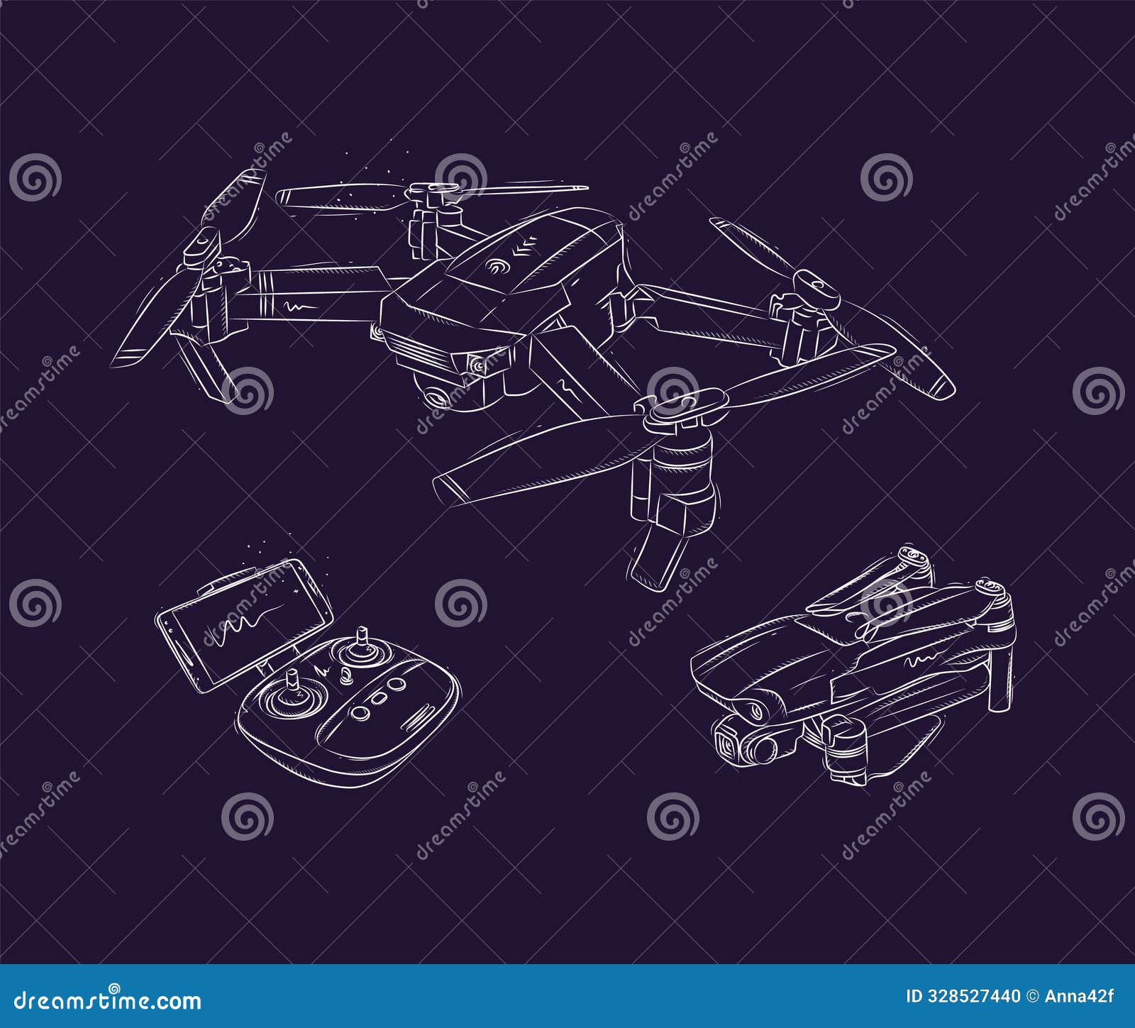 Drone Quadcopter Folded, Unfolded and Remote Controller Blue Bg Stock ...