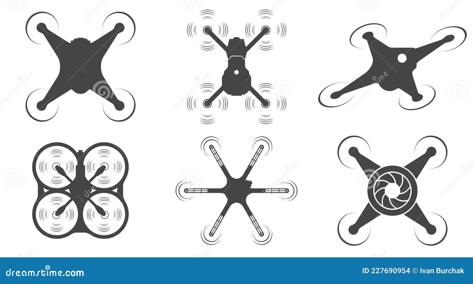 Drone Silhouette Icon Set Flat Vector Illustration Isolated On White