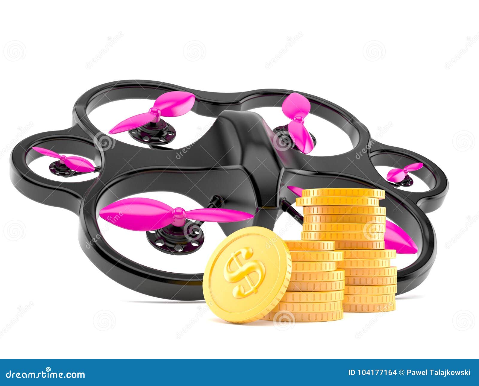 Drone with stack of coins stock illustration. Illustration of ...