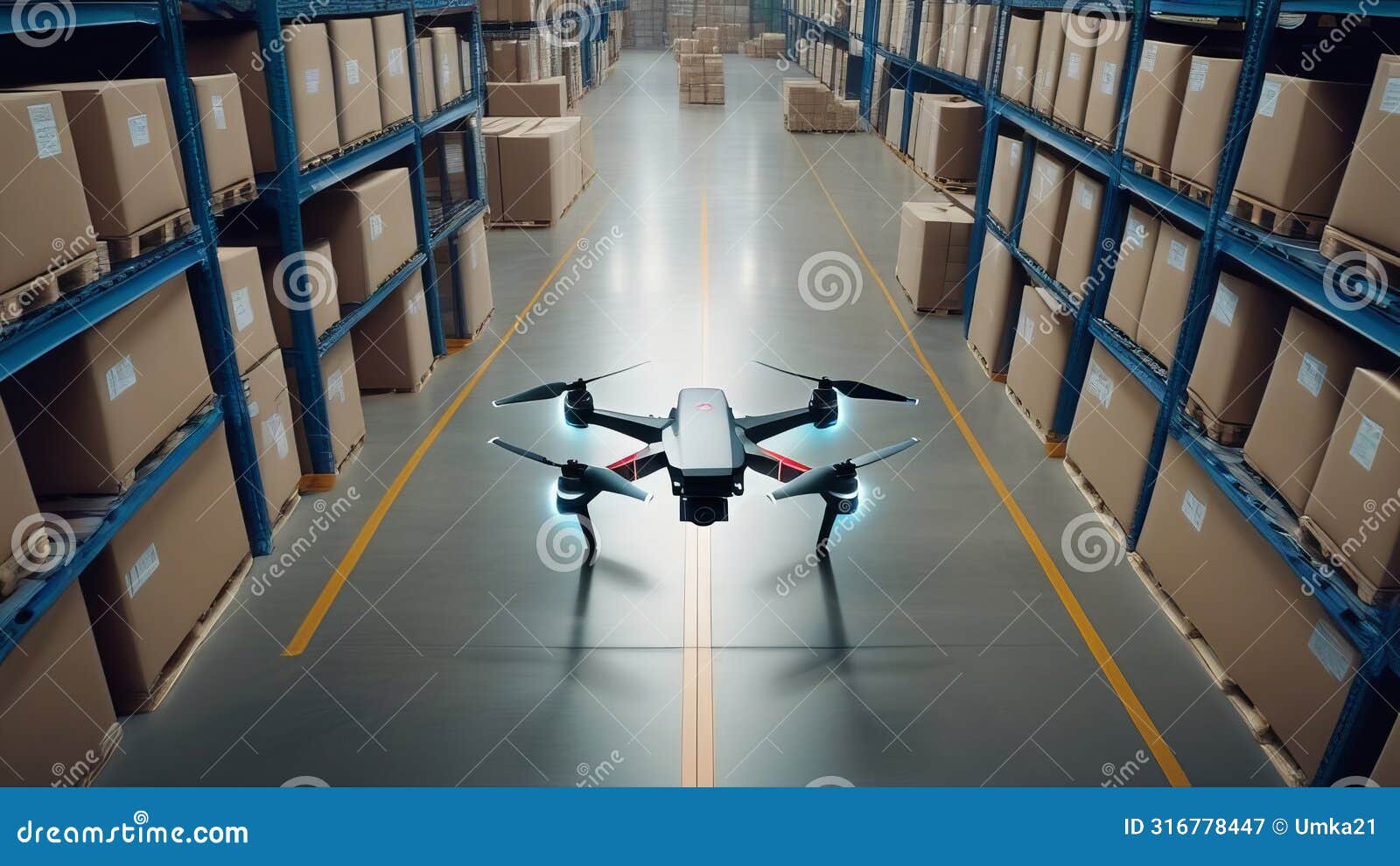 A Drone Stand in a Modern Warehouse between Rows of Racks with Boxes ...
