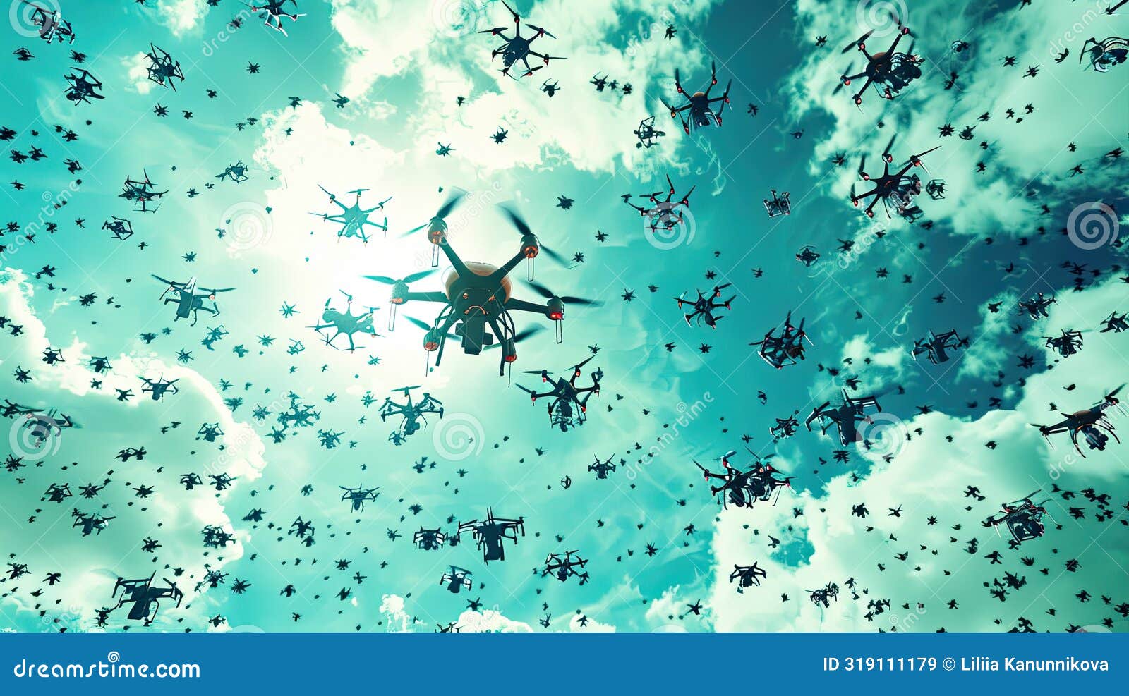 A Drone Swarm, Including a Small UAV, As they Gather Intelligence in ...