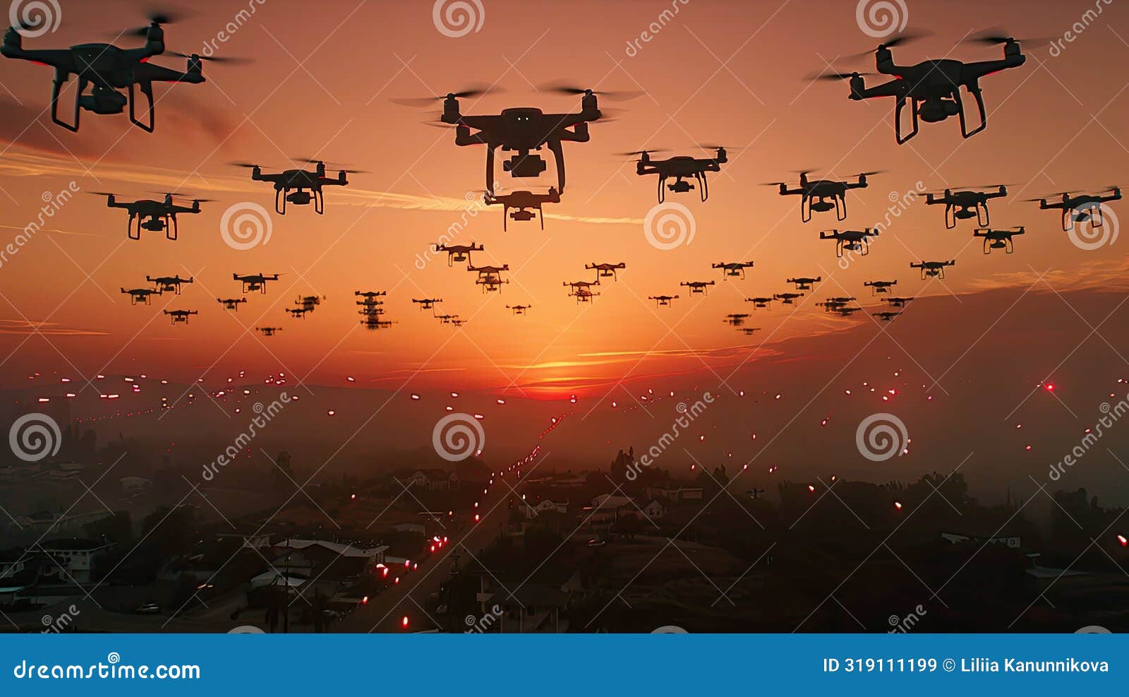 A Drone Swarm, Including a Small UAV, As they Gather Intelligence in ...