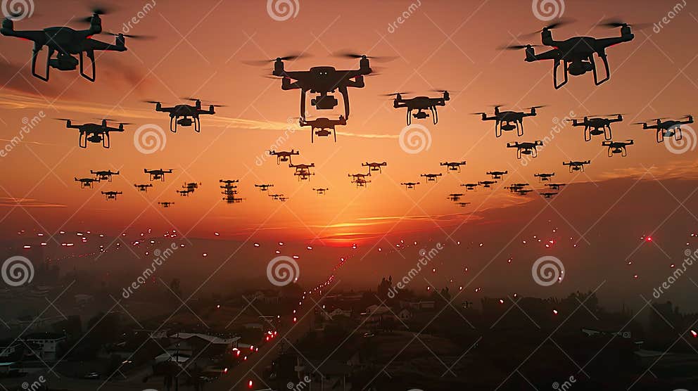 A Drone Swarm, Including a Small UAV, As they Gather Intelligence in ...