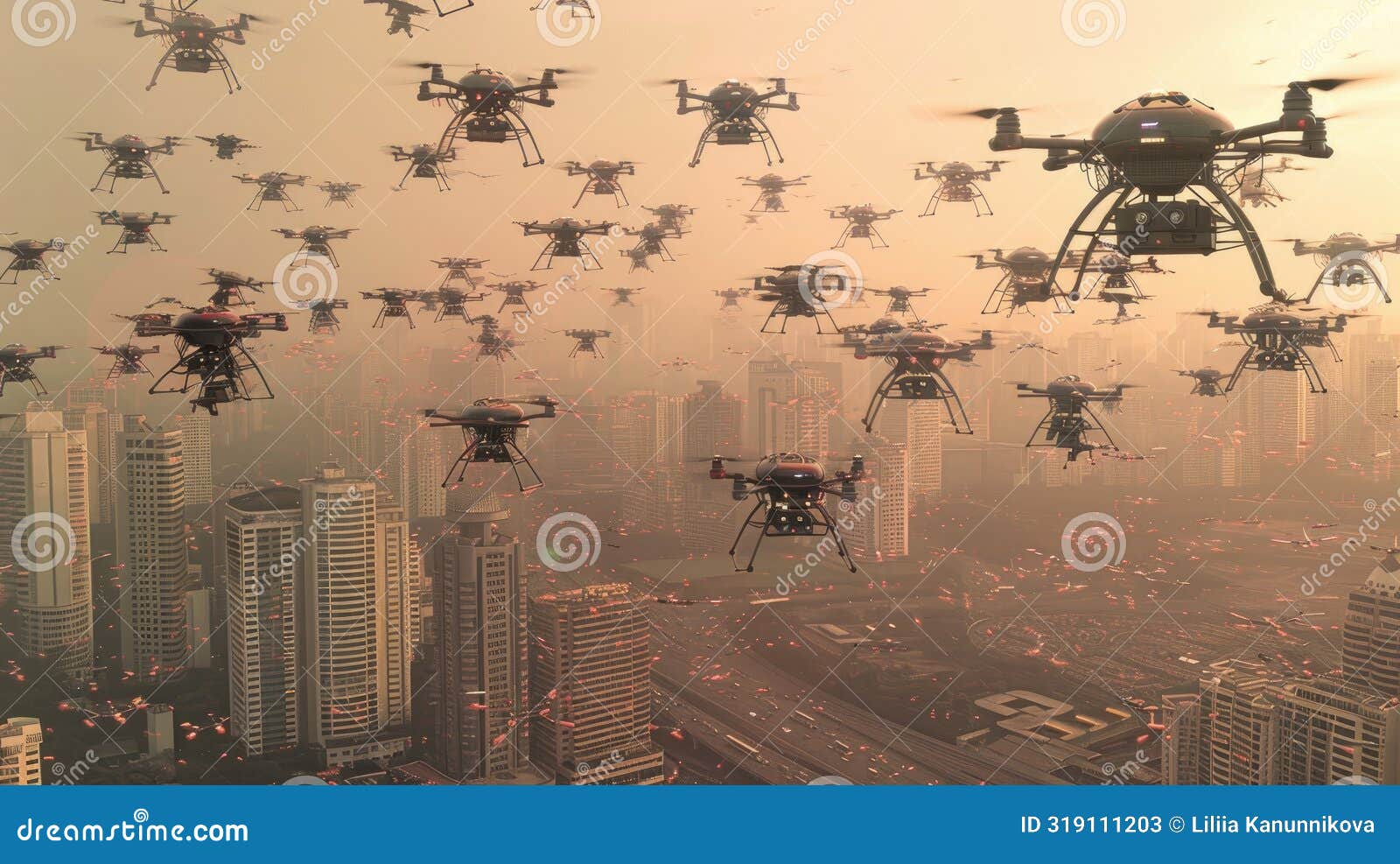A Drone Swarm, Including a Small UAV, As they Gather Intelligence in ...
