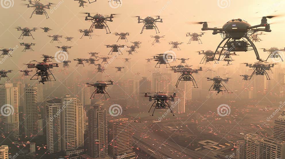 A Drone Swarm, Including a Small UAV, As they Gather Intelligence in ...