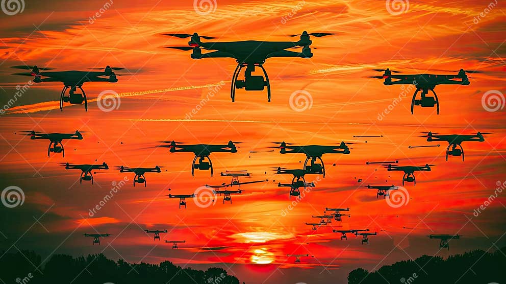 A Drone Swarm, Including a Small UAV, As they Gather Intelligence in ...