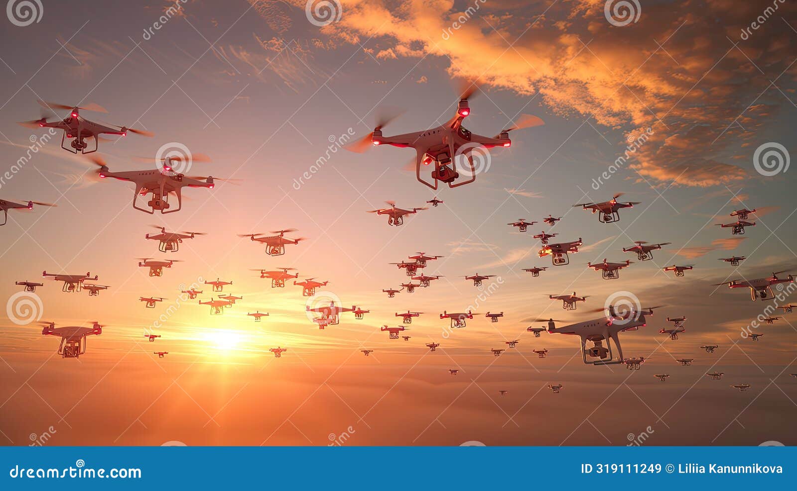 A Drone Swarm, Including a Small UAV, As they Gather Intelligence in ...