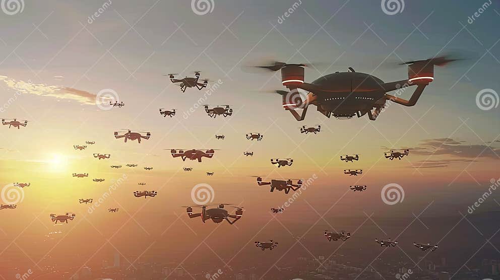 A Drone Swarm, Including a Small UAV, As they Gather Intelligence in ...