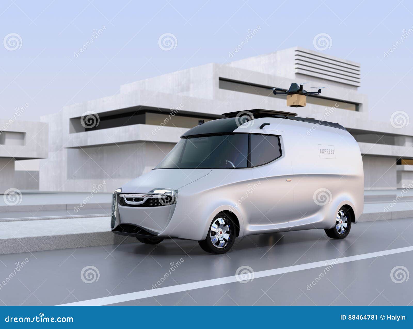 Drone Taking Off from Van for Delivering Cardboard Parcel Stock ...