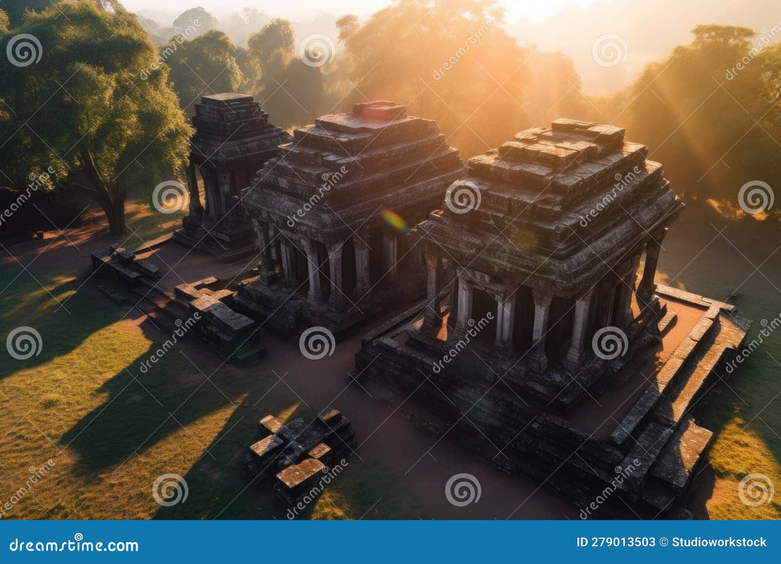 Drone View of Ancient Temple, with Sun Shining Down on the Stone ...