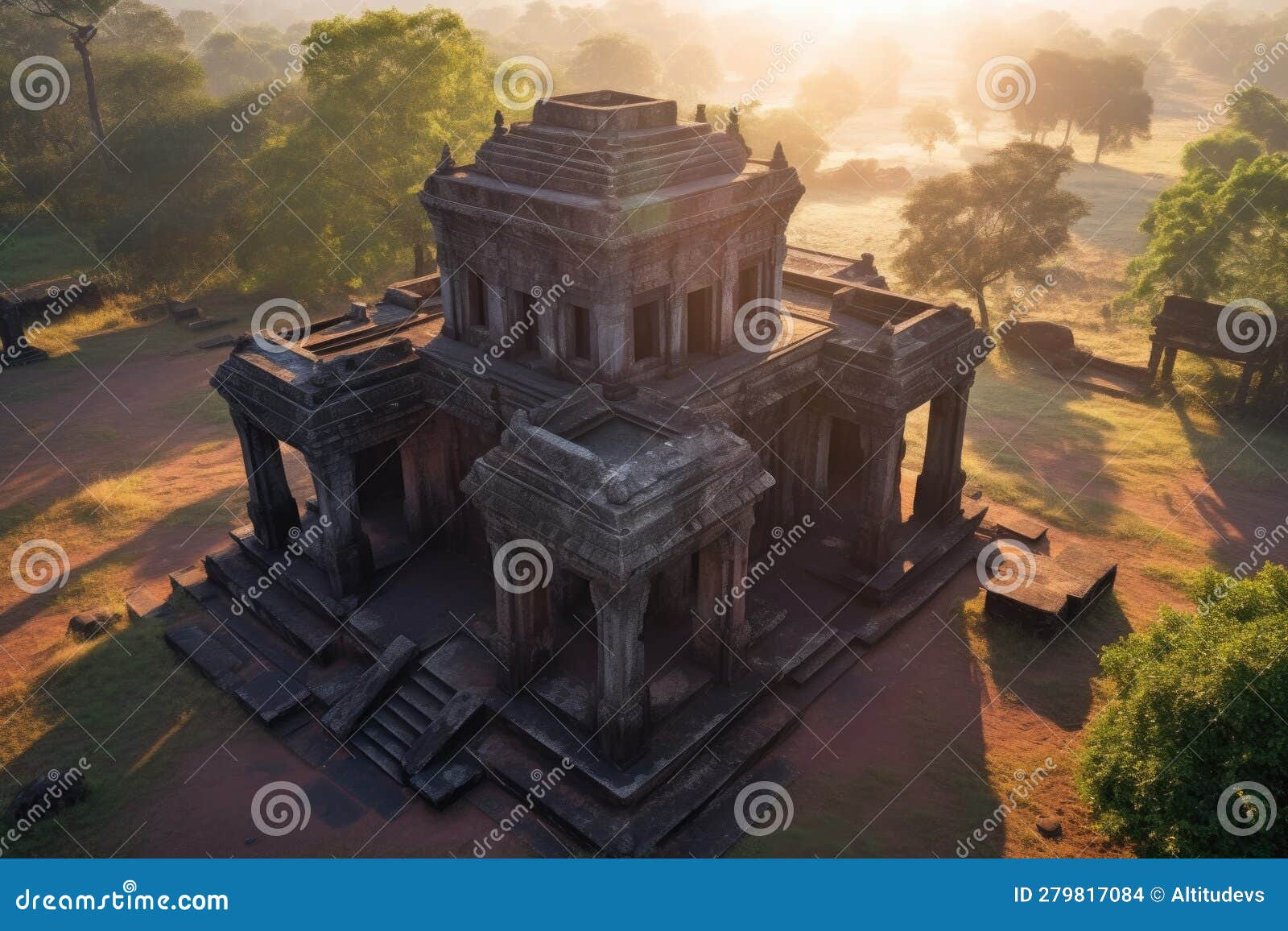 Drone View of Ancient Temple, with Sun Shining Down on the Stone ...