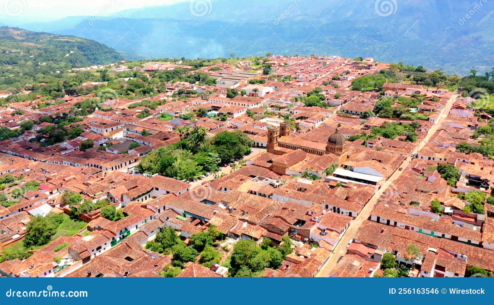 Drone View of Barichara Town Building Roofs and Trees before the Slope ...