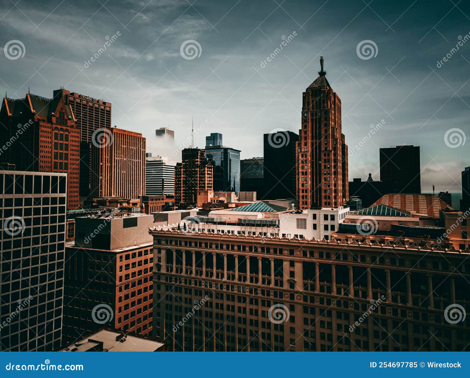 Drone View Of The Chicago Skyline In Downtown During The Sunset Stock