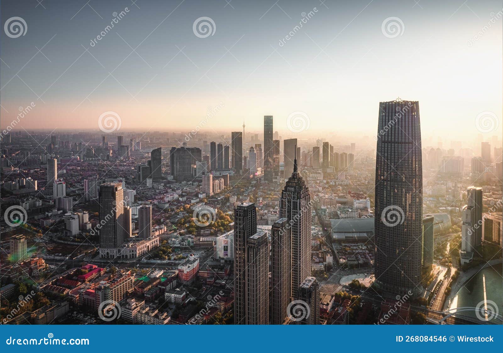 Drone View of City Skyline at Sunset Stock Photo - Image of view ...