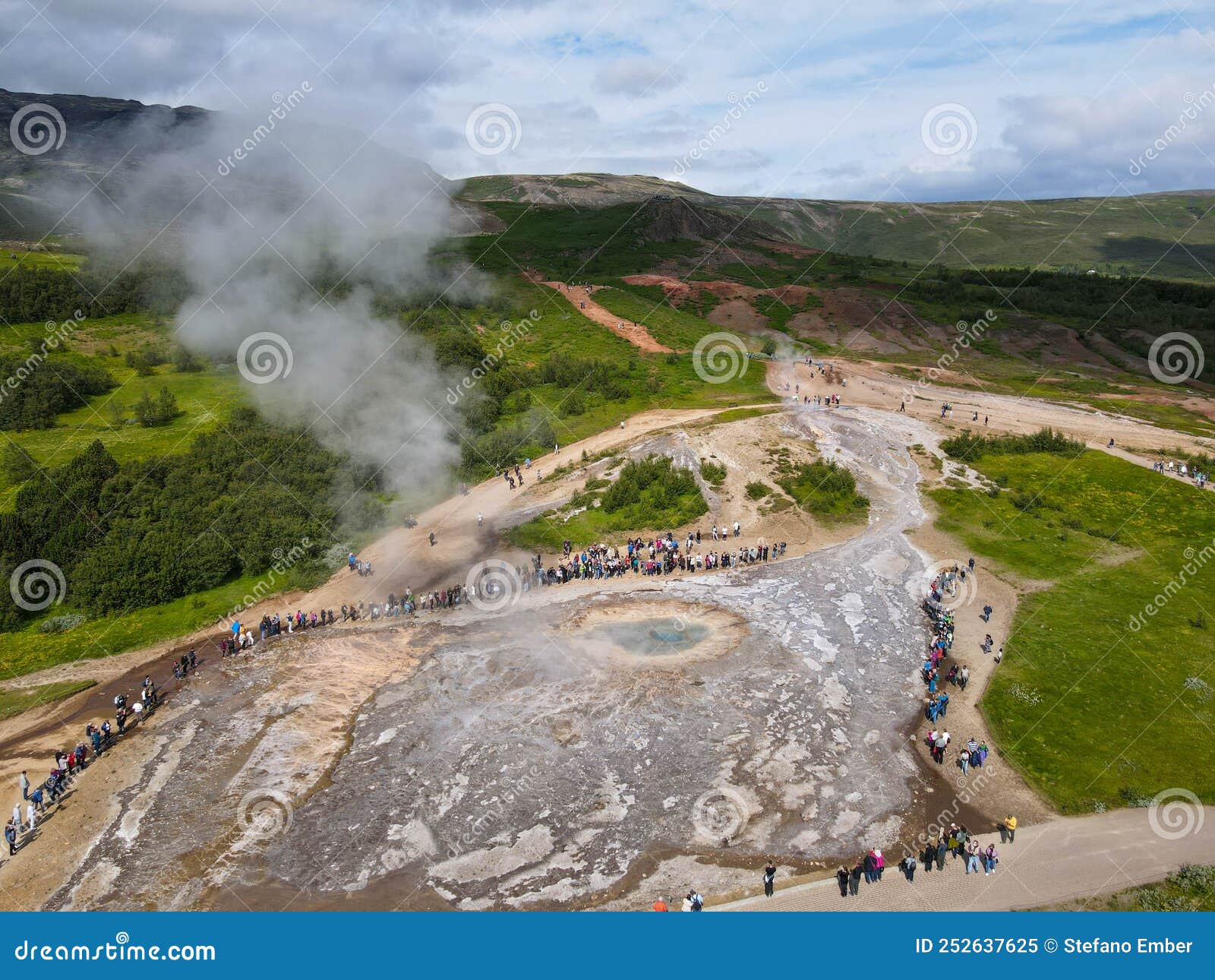 Drone View at the Geothermal Field of Geysir in Iceland Stock Image ...