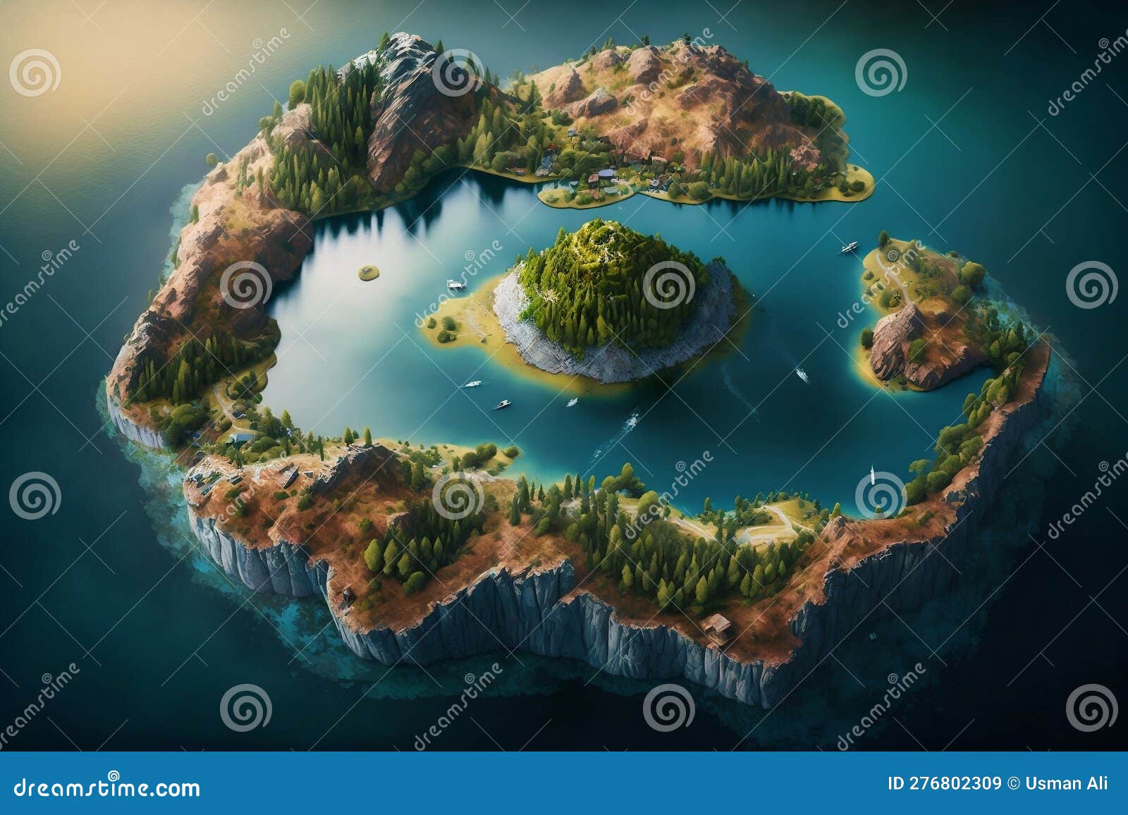 Drone View of Mountain Lake with an Island. AI Stock Illustration ...