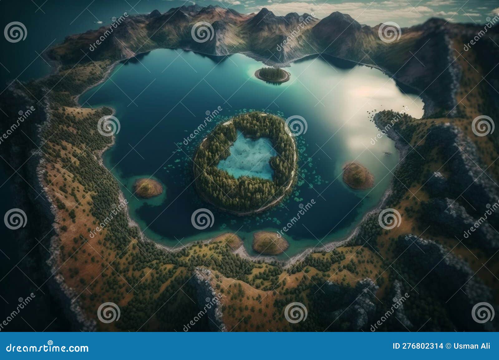 Drone View of Mountain Lake with an Island. AI Stock Illustration ...