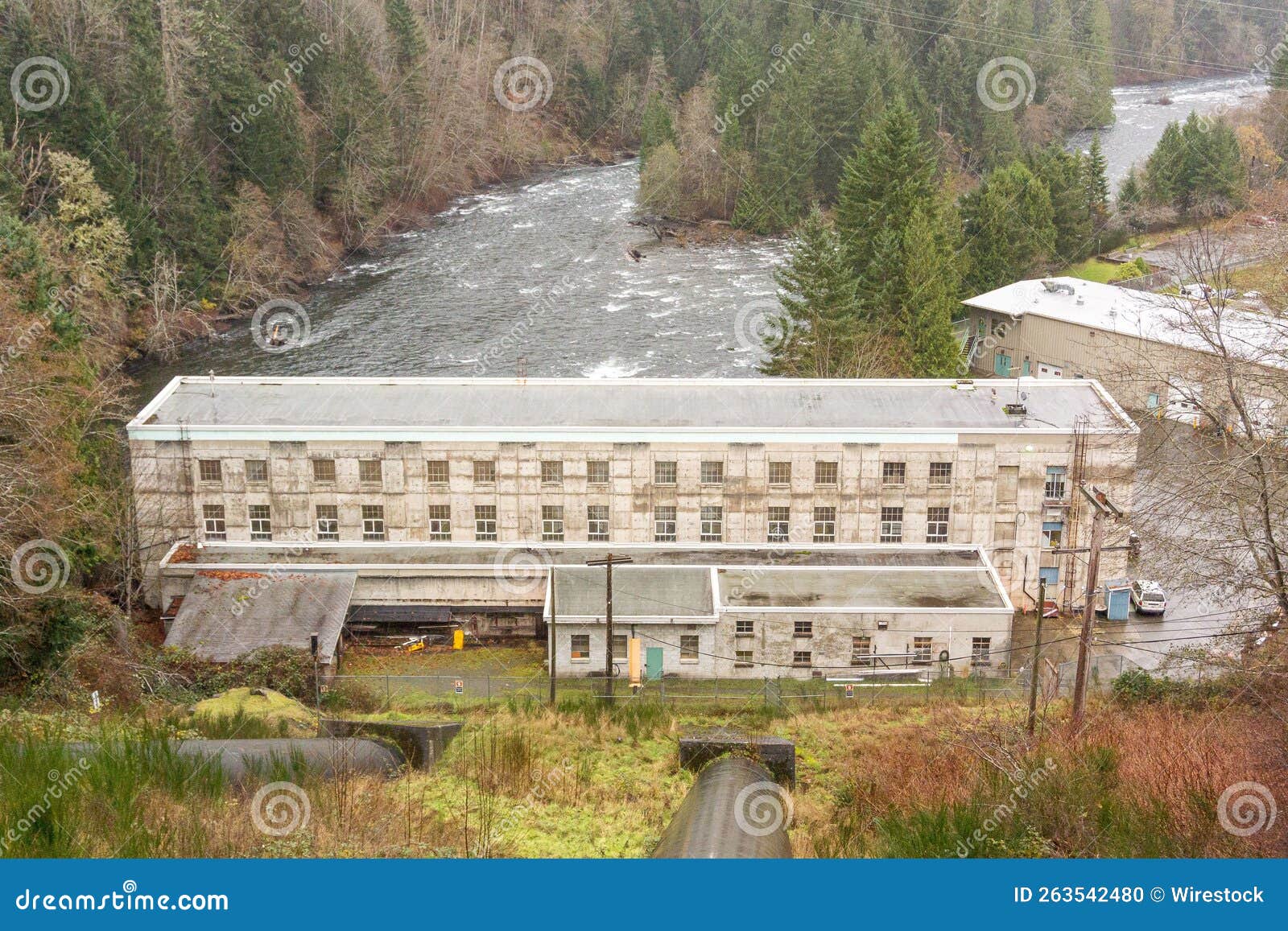 Drone View of the Old Hydro Plant Looking Over the Campbell River ...