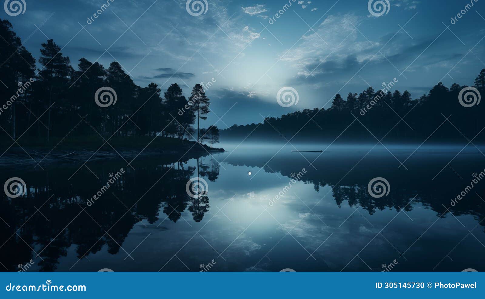 Drone View with Pond at Night. Moon Reflection Stock Illustration ...