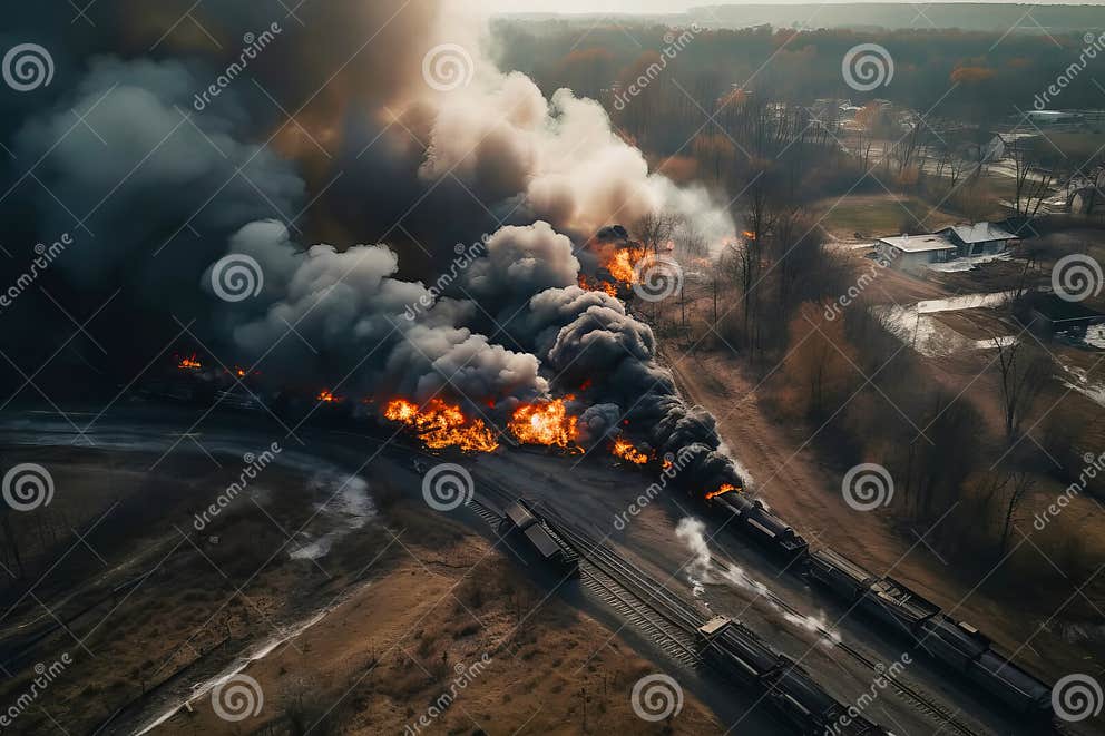 Drone View Train Derailed Exploding with Fire and Smoke. Generative AI ...
