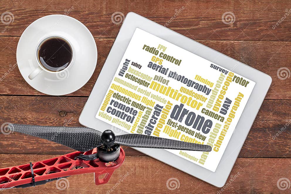 Drone word cloud on tablet stock image. Image of propeller - 52527591