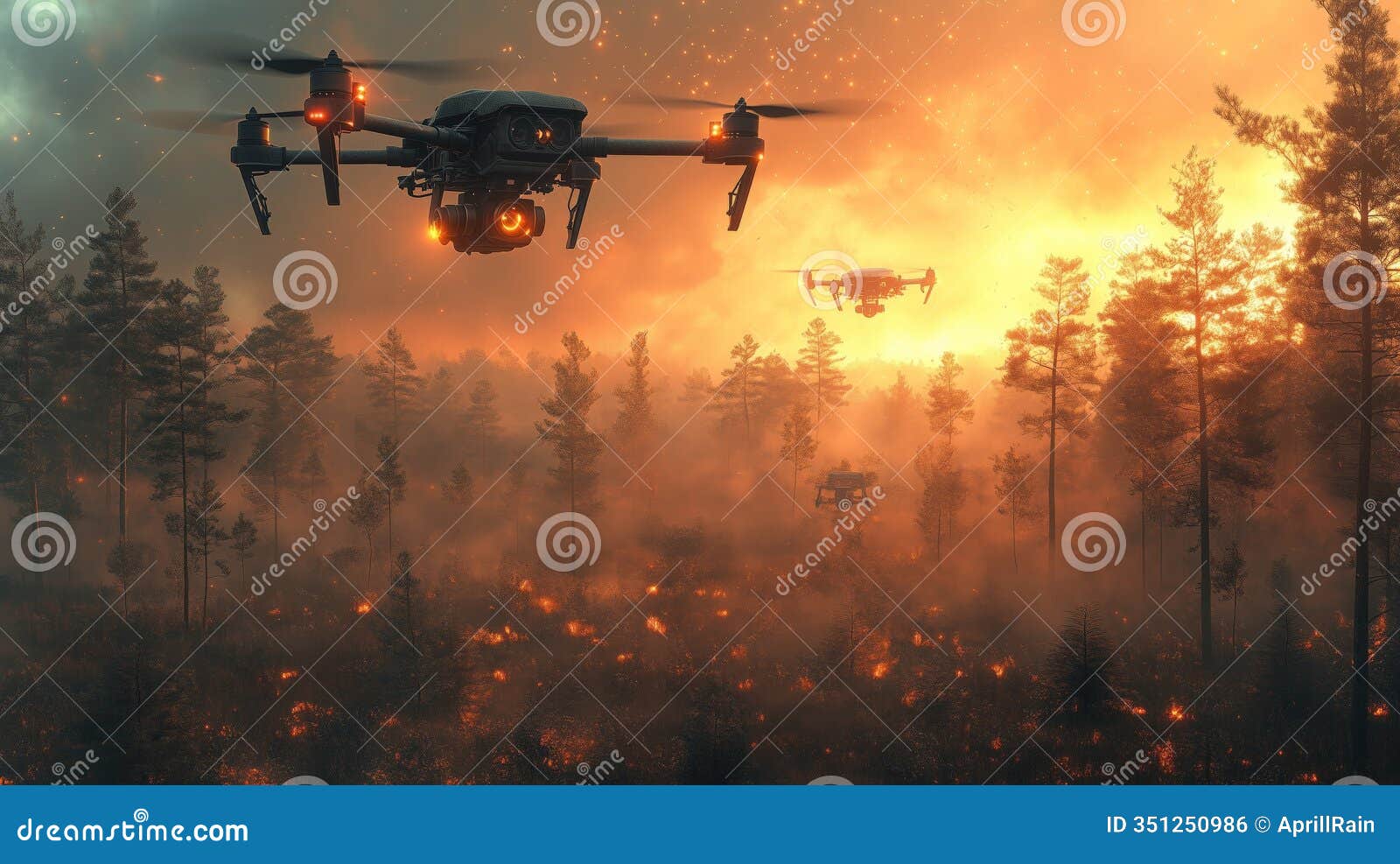 Drones Battling Forest Fire at Sunset with Glowing Embers Stock Photo ...