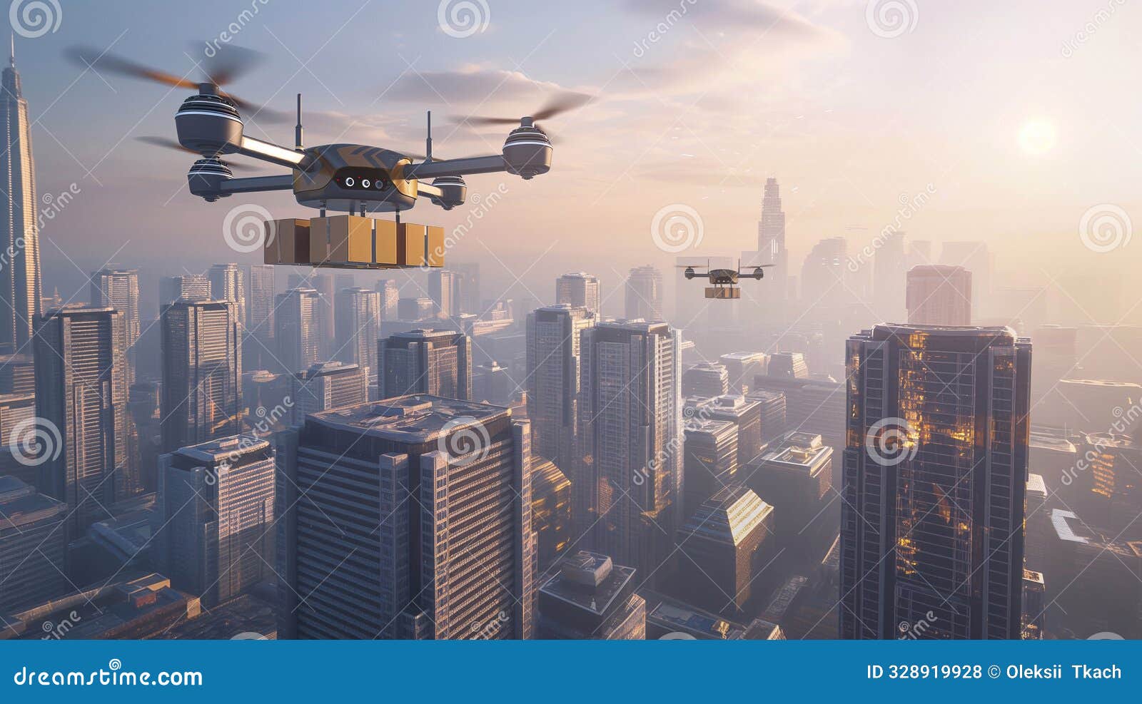 Drones Carry a Package in a Big City Stock Photo - Image of screenshot ...