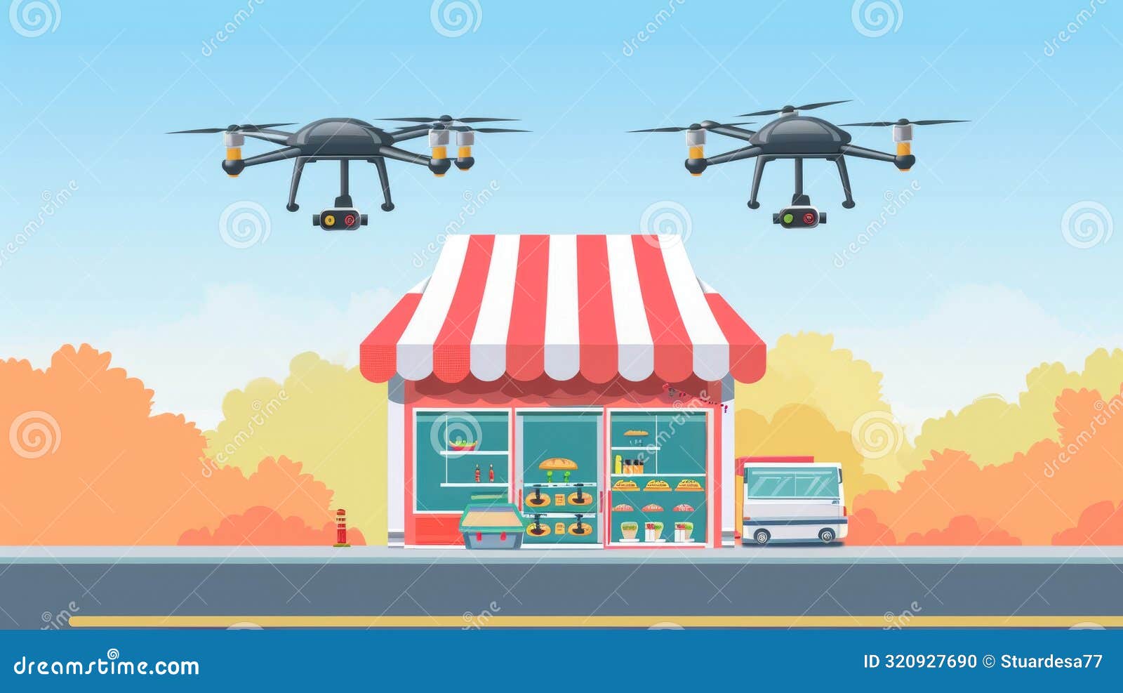 Drones Delivering Packages To Storefront in Cartoon Illustration Stock ...
