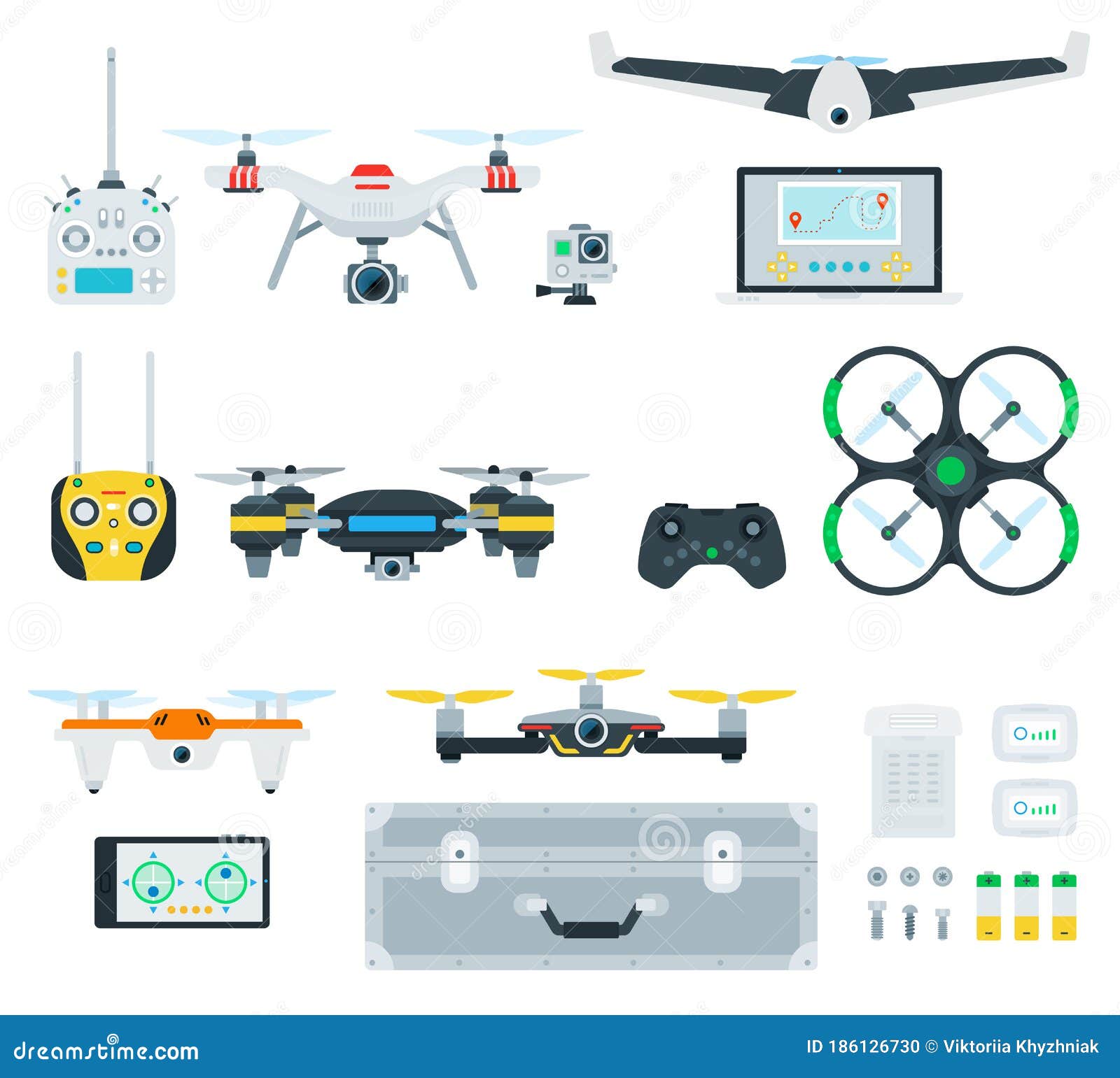 Set of Different Drones with Control Panels Vector Illustration in a ...
